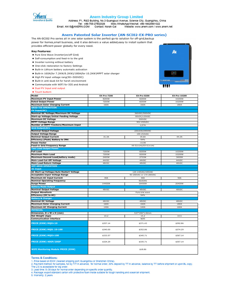 Anern Hybrid Solar Inverter Specification & Price List | PDF | Battery ...