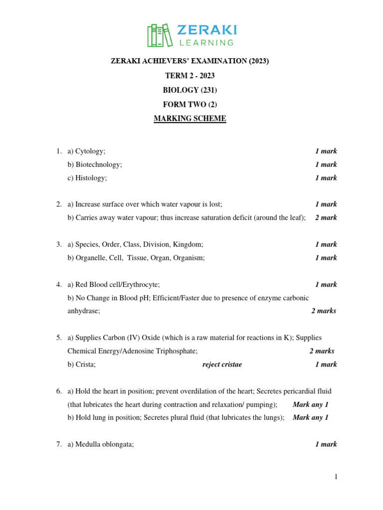 Biology Form Two - Marking Scheme | PDF
