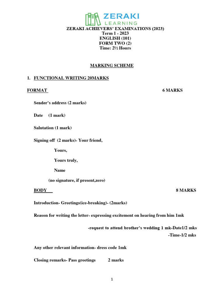 English Form 2 - Marking Scheme | PDF | Government | Kenya