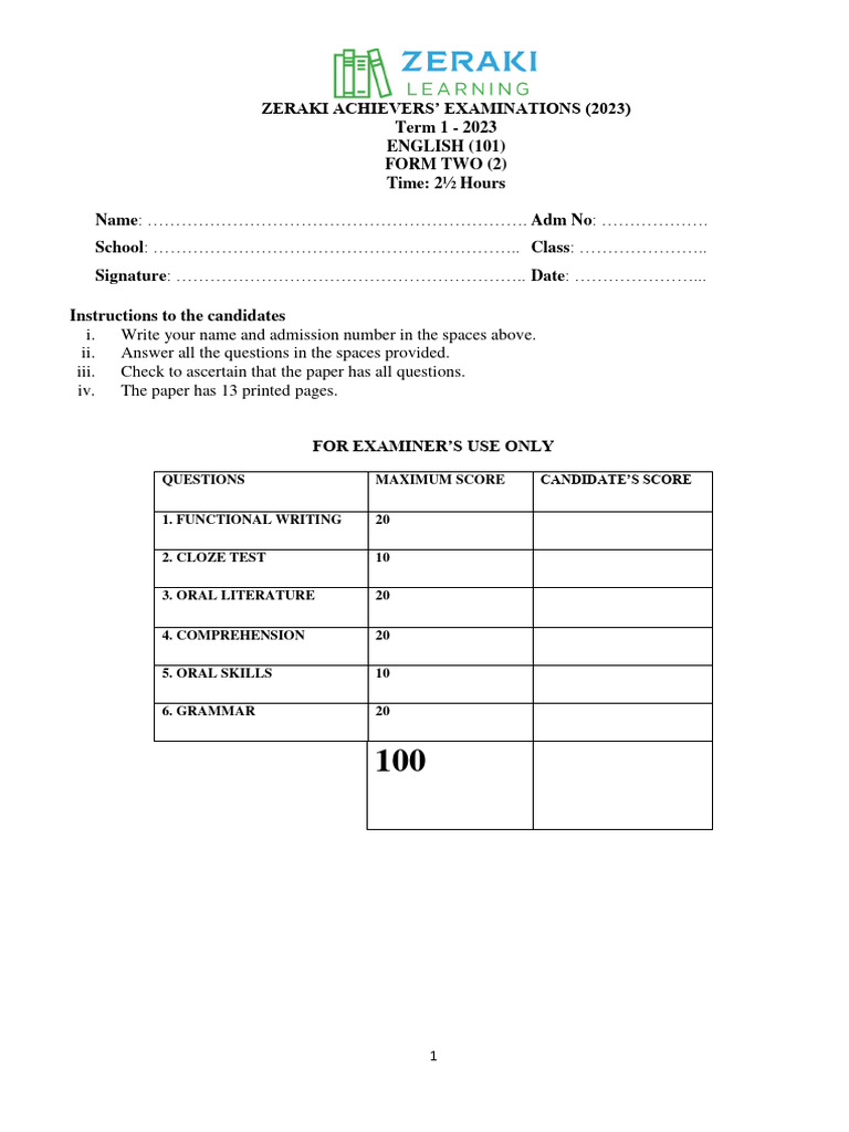 English Form 2 - Question Paper | PDF