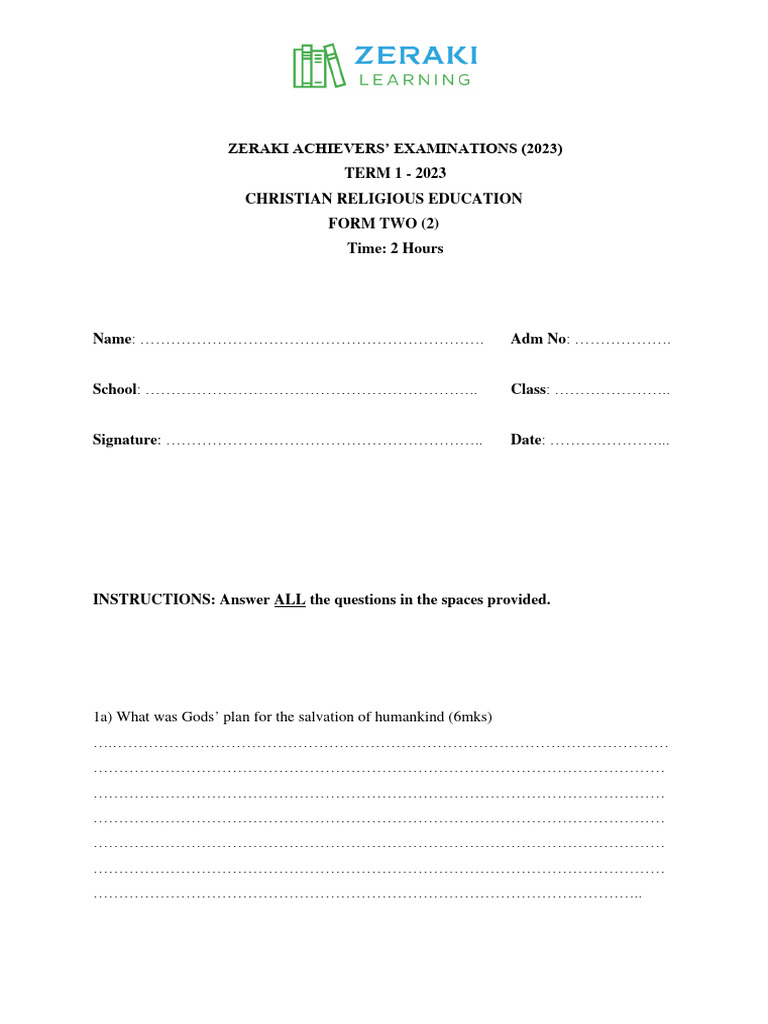 C.R.E Form 2 - Question Paper | PDF | Theology | Christian Belief And ...