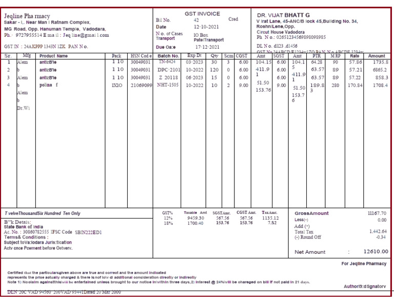 Pharmacy Invoice for Dr. Bhatt | PDF
