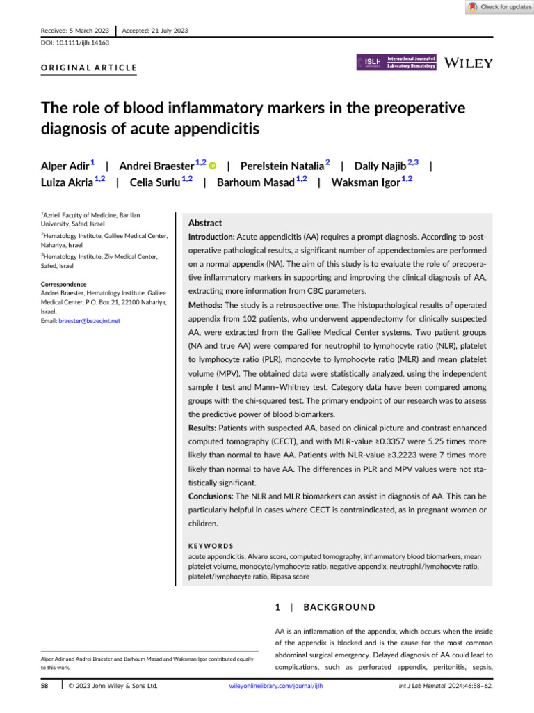 Int J Lab Hematology - 2023 - Adir - The Role of Blood Inflammatory Markers in The Preoperative ...