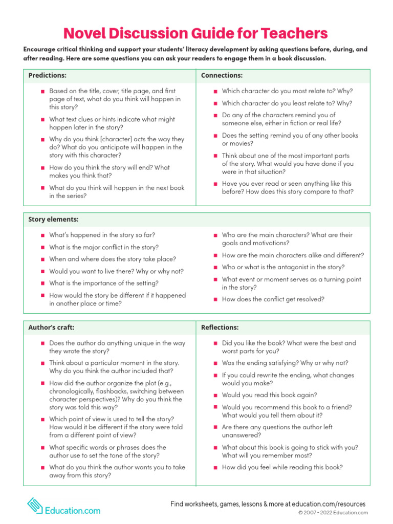 Novel Discussion Guide For Teachers | PDF