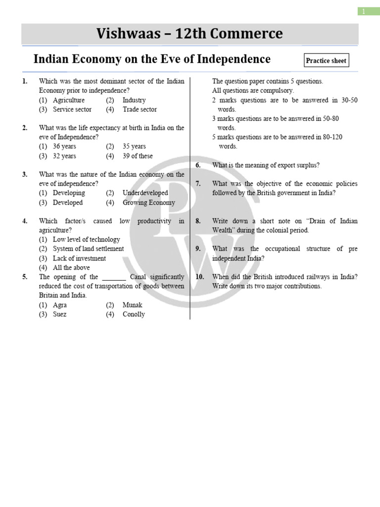 Indian Economy On The Eve of Independence - Practice Sheet & Solution | PDF | Economy Of India ...