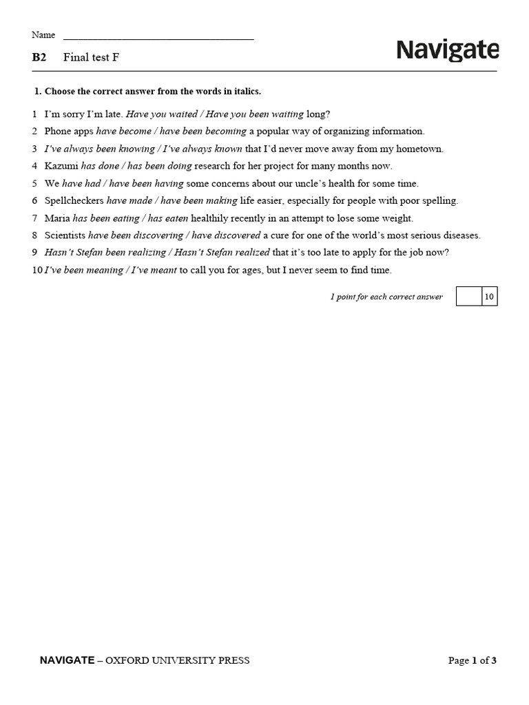 Final Test F: 1. Choose The Correct Answer From The Words in Italics ...