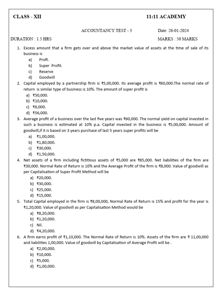 ACC Test 26th Jan | PDF | Book Value | Goodwill (Accounting)