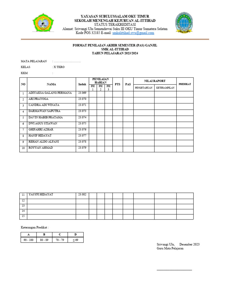Format Nilai Pas SMK 2023-2024 | PDF