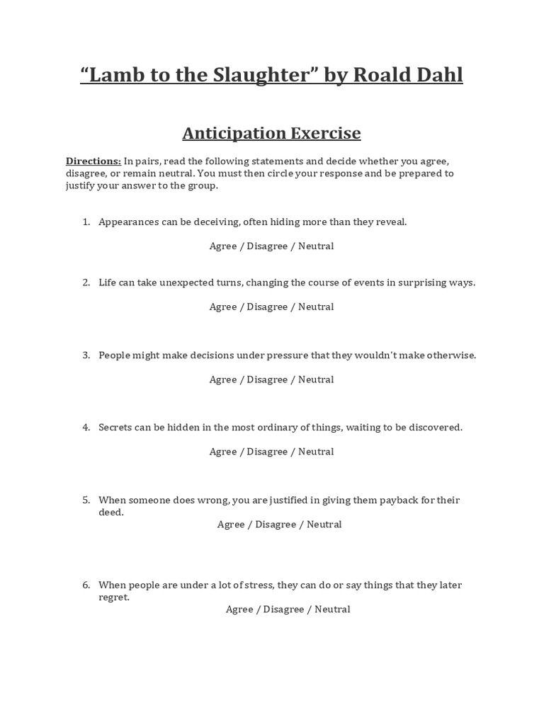 Lamb To The Slaughter Writing and Reading Reponses and Activities (FV ...