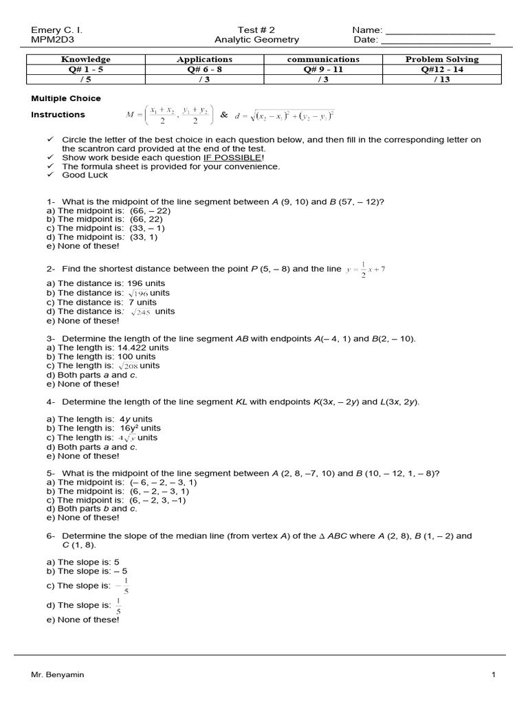 Grade 10 Analytic Geometry Test | PDF | Triangle | Line (Geometry)