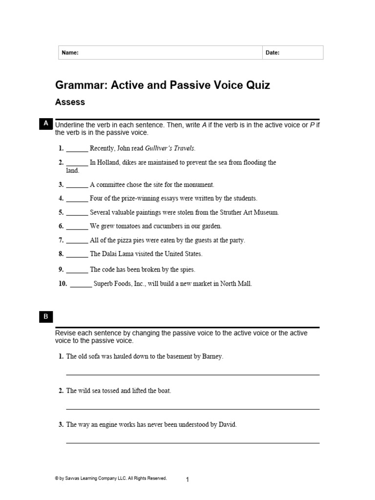 Grammar Active and Passive Voice Quiz | PDF