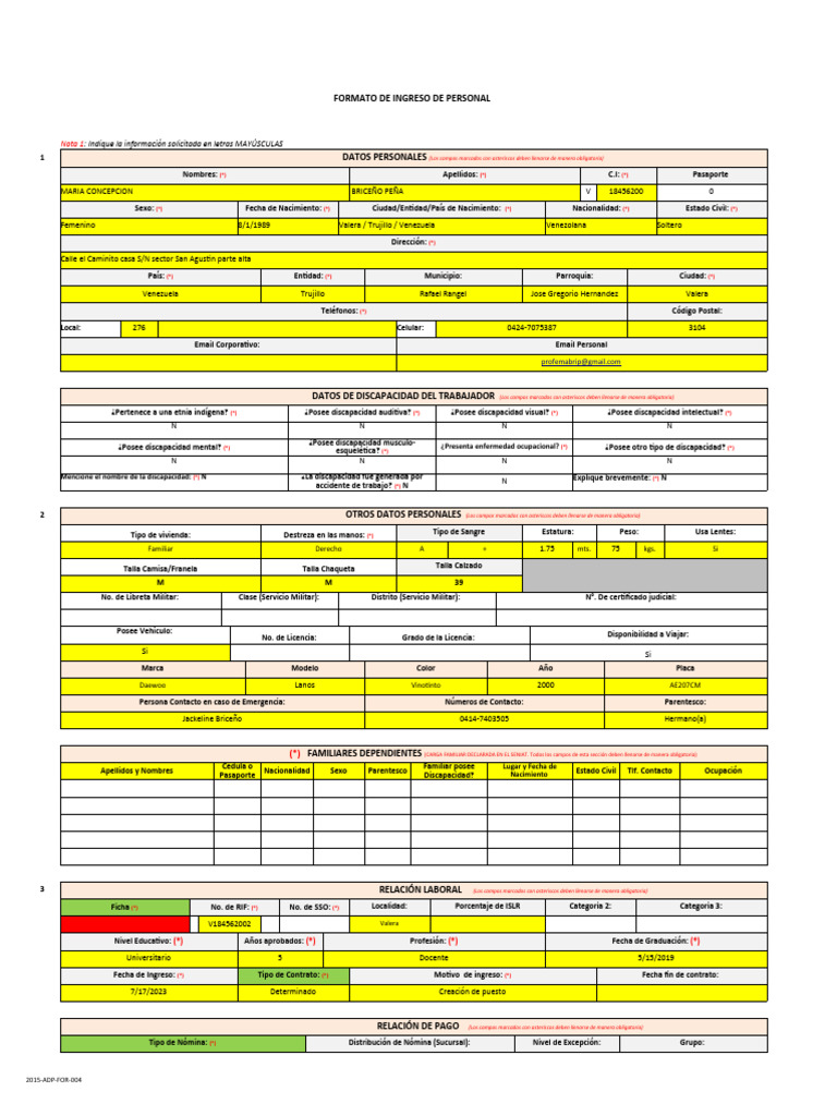 Formato Ingreso de Personal | PDF
