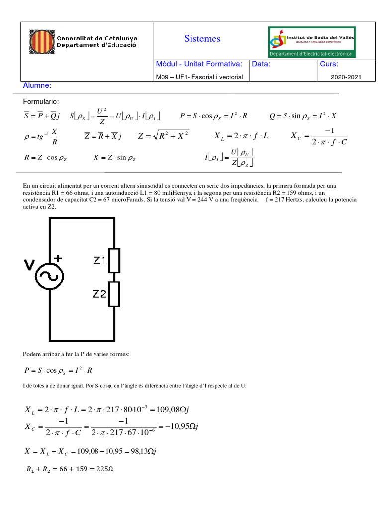 Formulario y Ejercicio de Ejemplo Circuit Sèrie RLC | PDF
