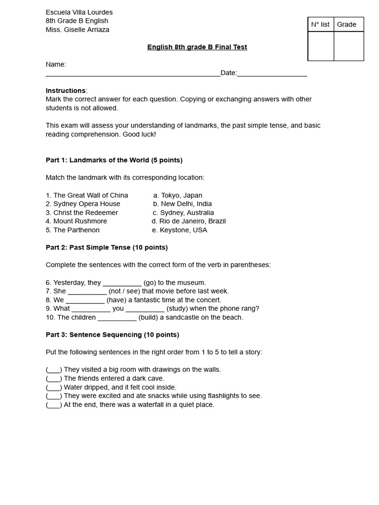 English 8th Grade B Final Test | PDF
