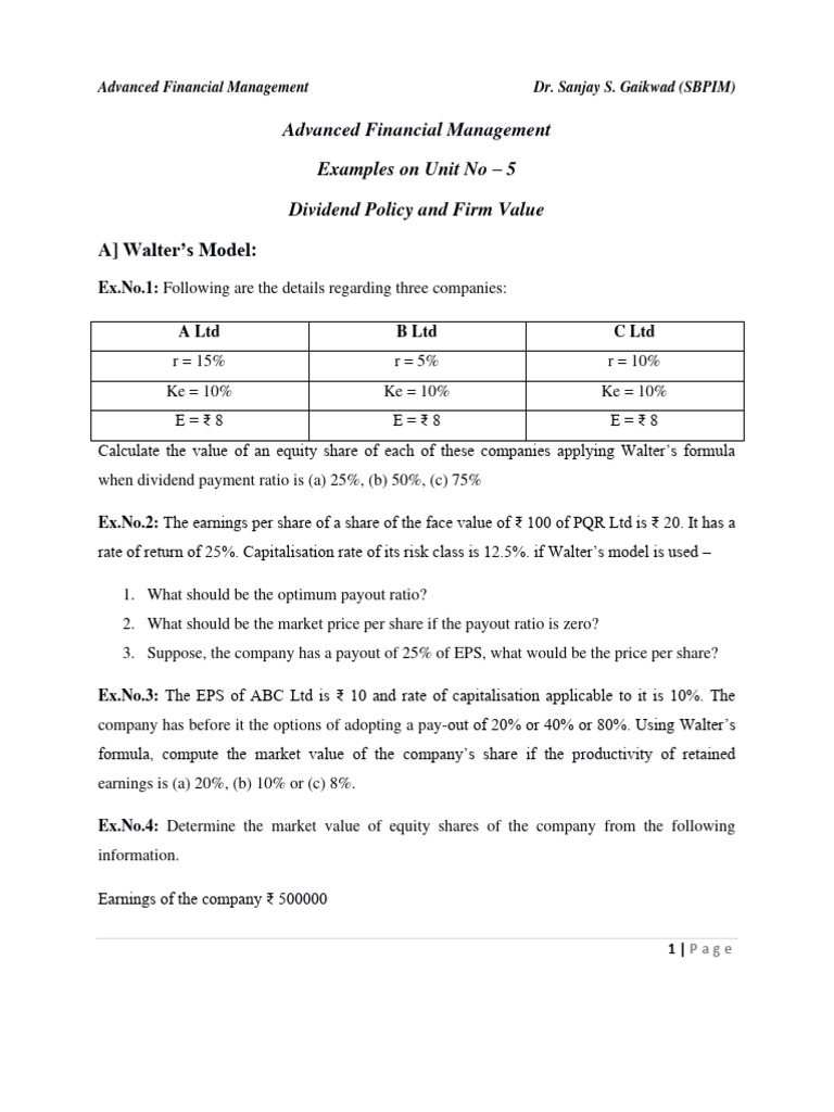 A) Walter's Model:: Advanced Financial Management Examples On Unit No ...