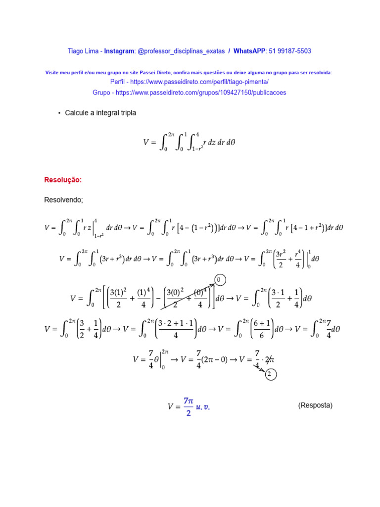 Questão resolvida - Calcule a integral tripla V= ∫∫∫rdzdrdθ. - Cálculo II | PDF