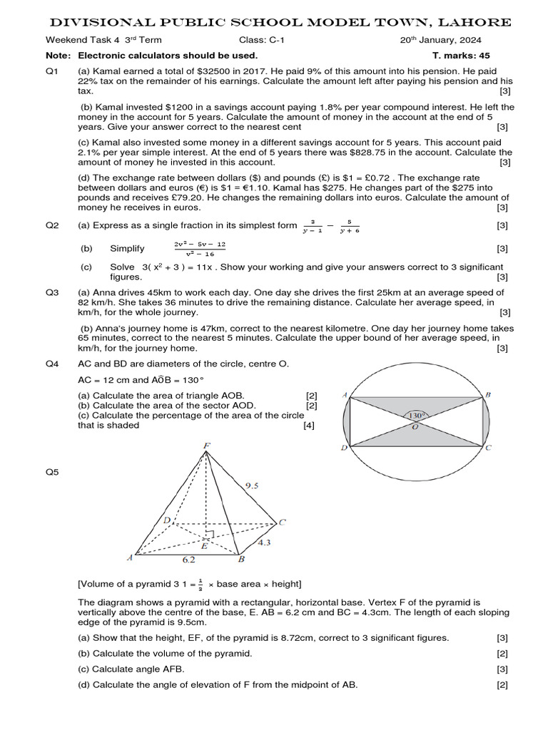 Weekend Task 4 3rd Term 24 | PDF | Area | Circle