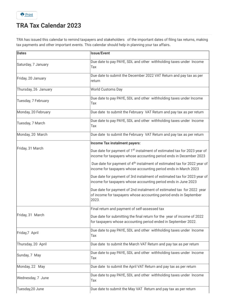 TRA Tax Calendar 2023 Overview | PDF | Income Tax | Payments