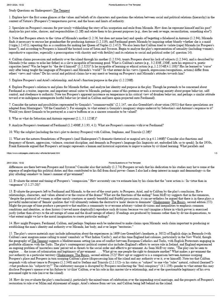Study Questions on The Tempest | PDF | The Tempest