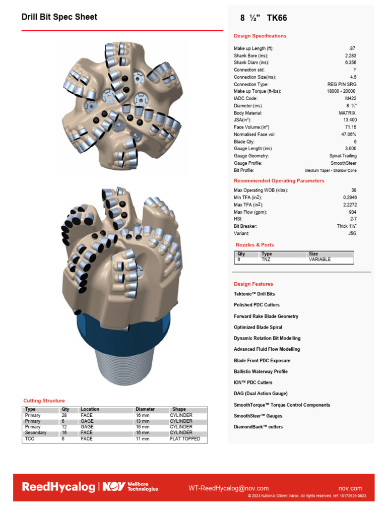Drill Bit Spec Sheet 8 " TK66: Design Specifications | PDF