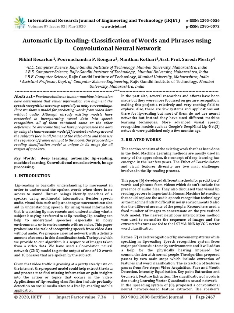 Lip Reading with CNN for Noisy Environments | PDF | Speech Recognition ...