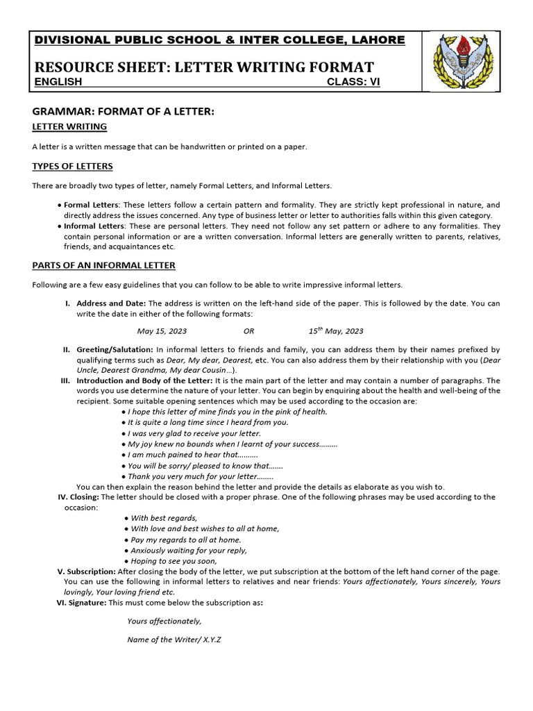 Resource - Letter Writing Format (Class Vi) | PDF | Language Arts ...