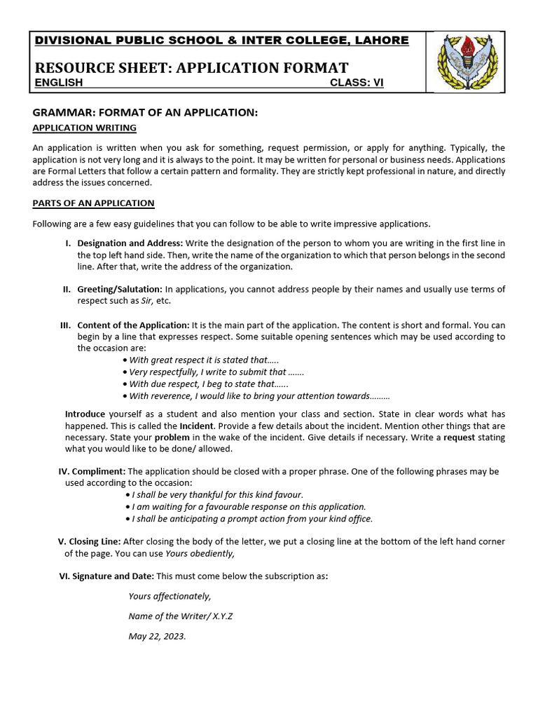 Resource - Application Writing Format (Class Vi) | PDF
