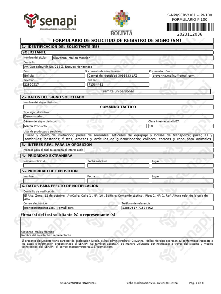 Formulario de Solicitud de Registro de Signo (SM) : S-NPI/SERV/301 - PI ...