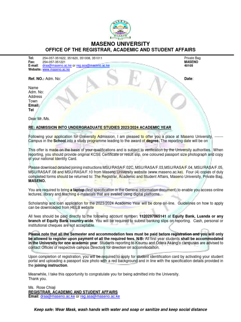 Admission Letter Kuccps Letter | PDF