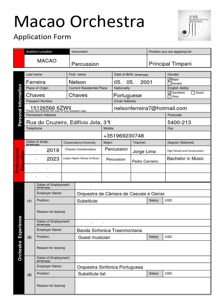 Macao Orchestra Audition Application Form 2022 | PDF