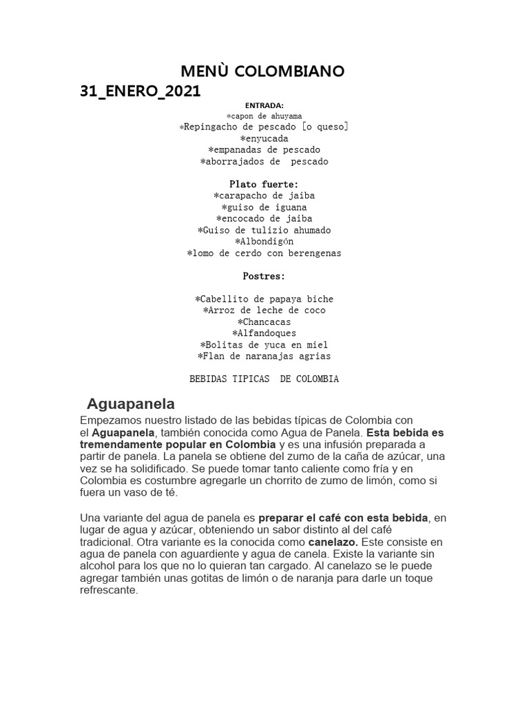 Menú Colombiano: Platos y Bebidas Típicas | PDF