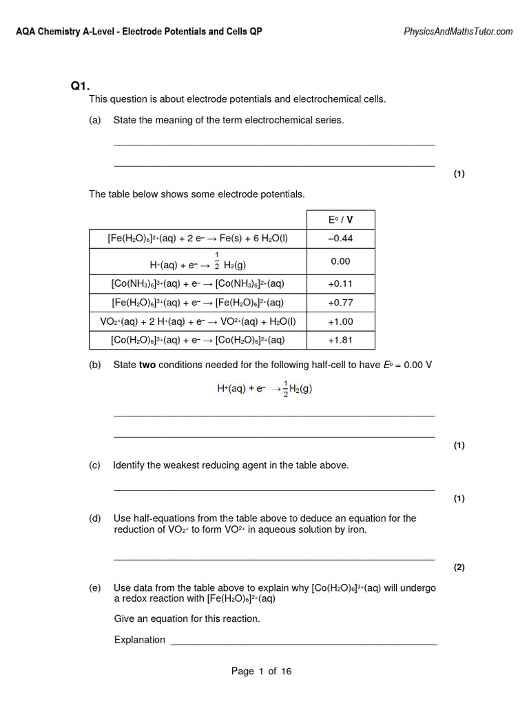 Electrode Potentials and Cells QP | PDF