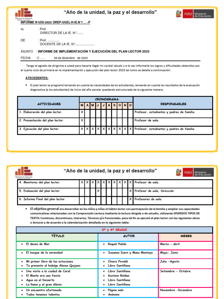 Informe de Plan Lector IV.. | PDF