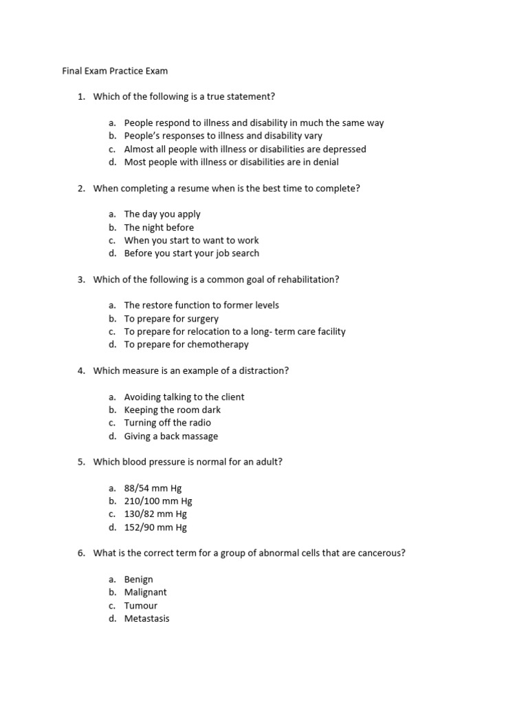 Final Exam Practice Questions for Health Care | PDF | Cerebral Palsy | Pain
