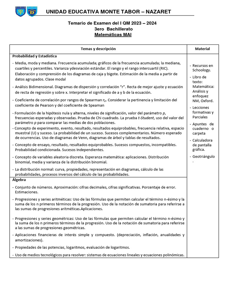 Temario EQ1 Matematicas 3 MAI 2023-2024 | PDF | Métodos y materiales de ...