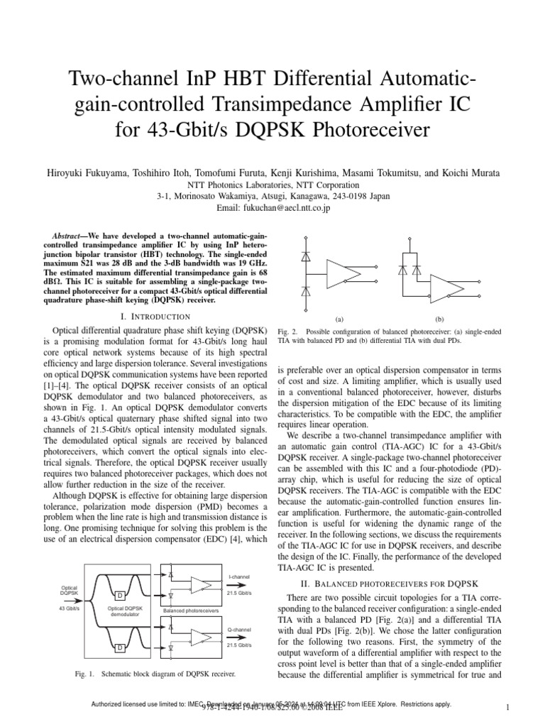 Two-Channel InP HBT Differential Automatic-Gain-Controlled Transimpedance Amplifier IC For 43 ...