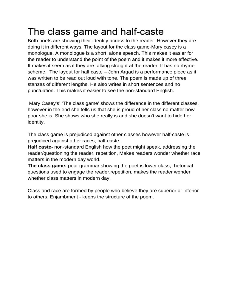 The Class Game and Half-Caste Notes | PDF