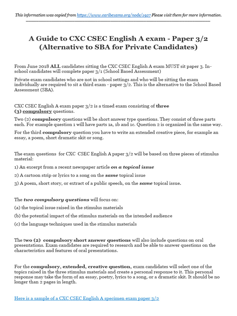 Guide To CSEC English A Paper 3.2 Alt To SBAs | PDF | Teaching Methods ...