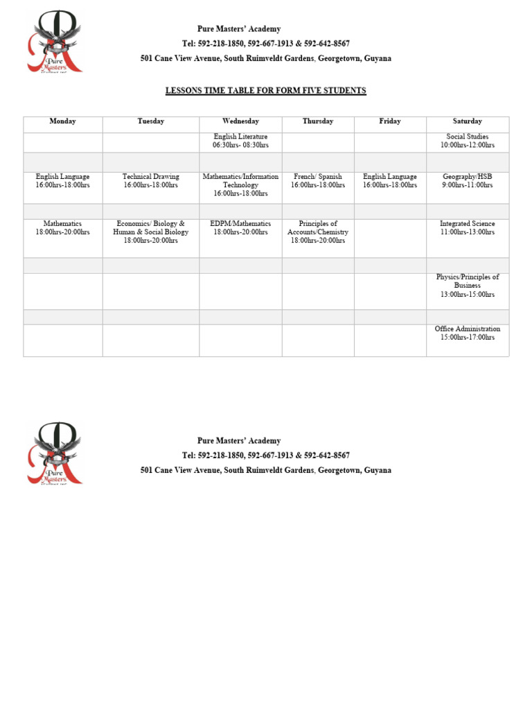 Lessons Time Table For Form Five Students | PDF