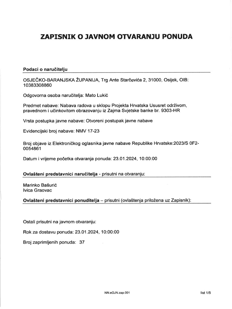 Zapisnik o Javnom Otvaranju Ponuda | PDF