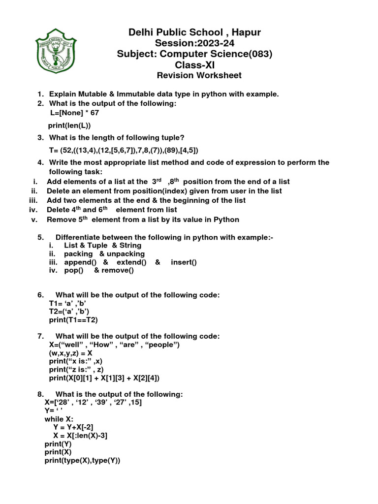 Rev Worksheet CS XI (2023-24) | PDF | Software Development | Computer ...