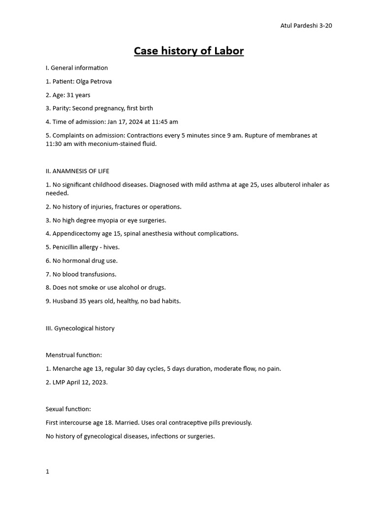 Case History of Labor by Atul | PDF | Childbirth | Pregnancy