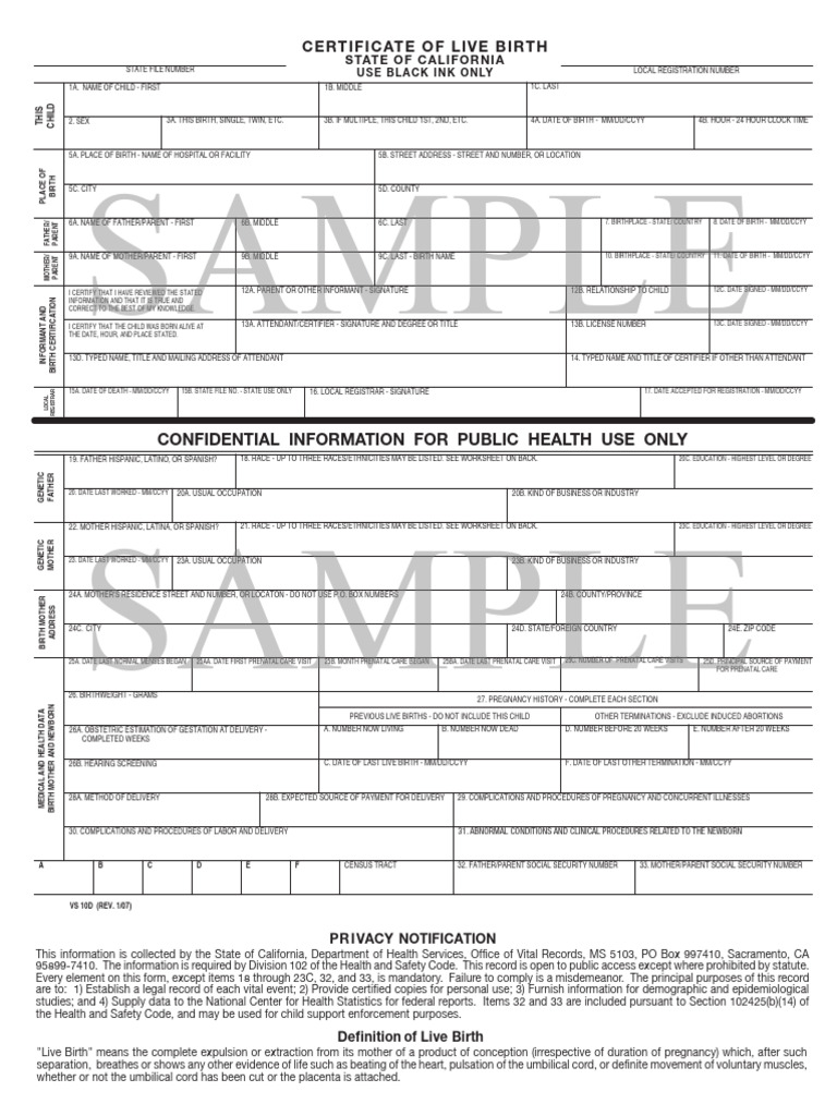 Main Form Vs 10d Sample Certificate Live Birth California | Download ...