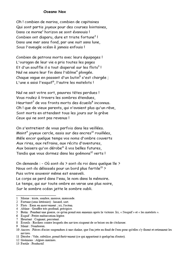 5e Poesie Oceano Nox Texte Et Aide A La Lecture Expressive | PDF
