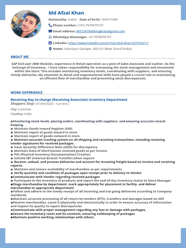 MD Afzal Khan: About Me | PDF | Cash | Receipt