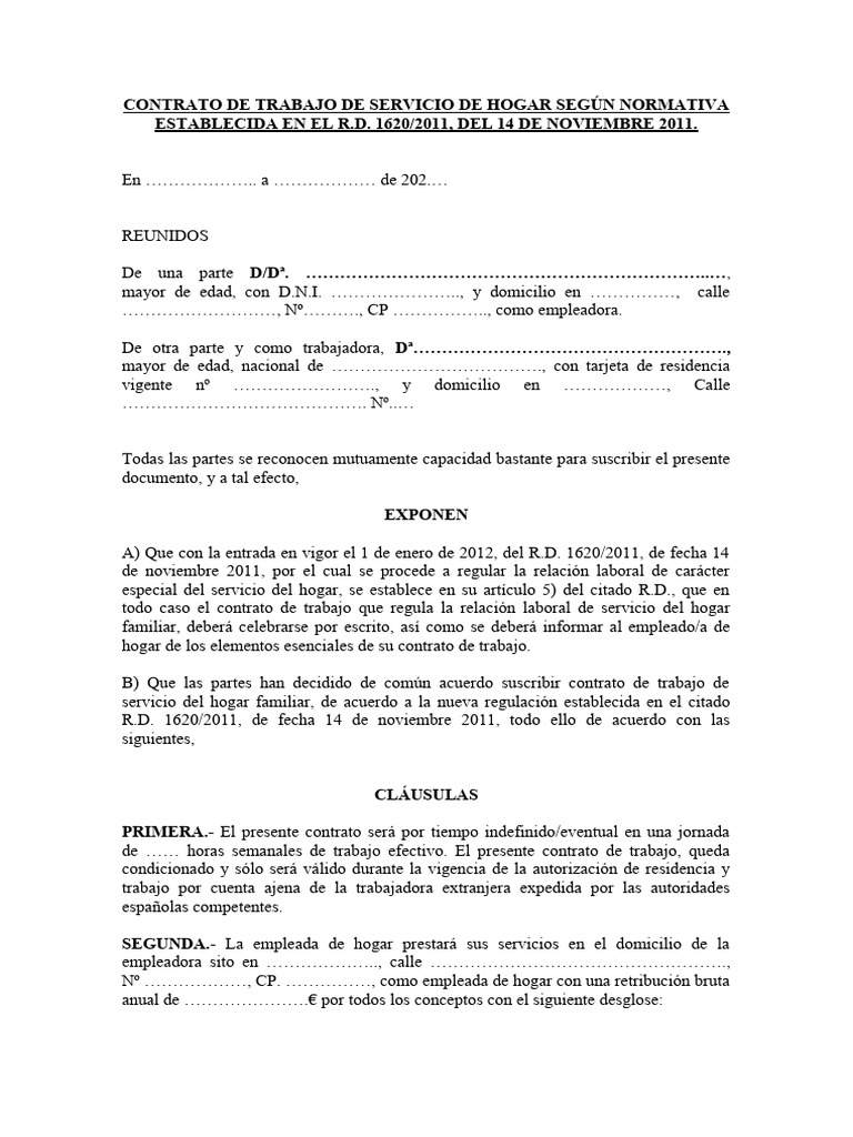 Contrato Servicio Hogar R.D. 1620/2011 | PDF | Derecho laboral | Salario