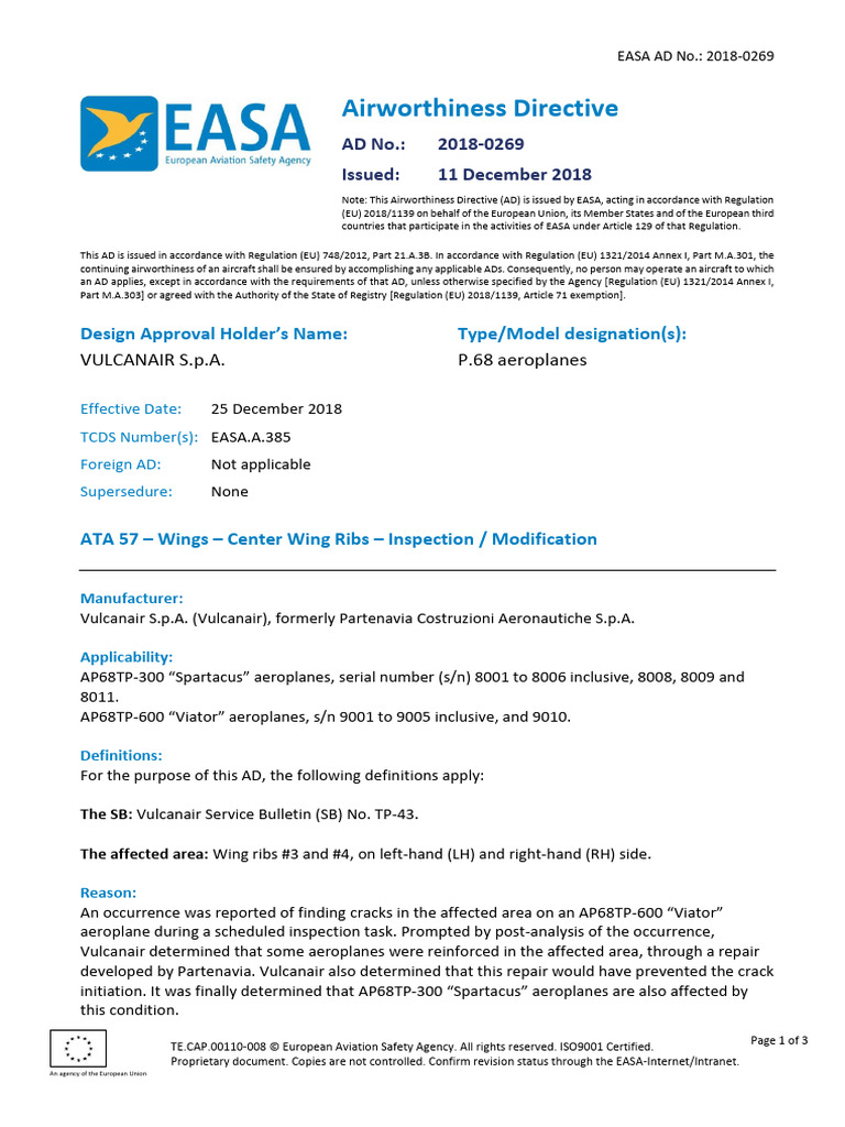 Easa Ad 2018-0269 1 | PDF