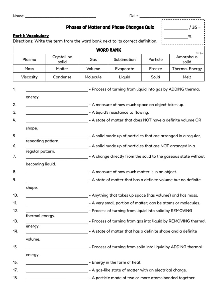 Phases of Matter and Phase Changes Quiz ONLY | PDF | Technology ...