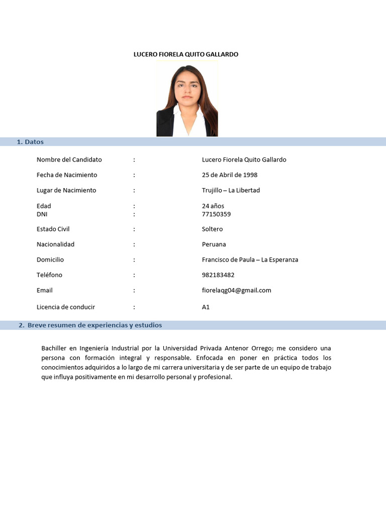 CV Quito Gallardo Lucero Fiorela PDF | PDF | Business | Ingeniería