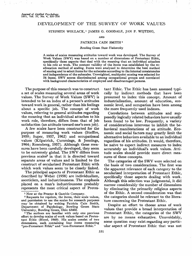 Development of The Survey of Work Values Wollack | PDF